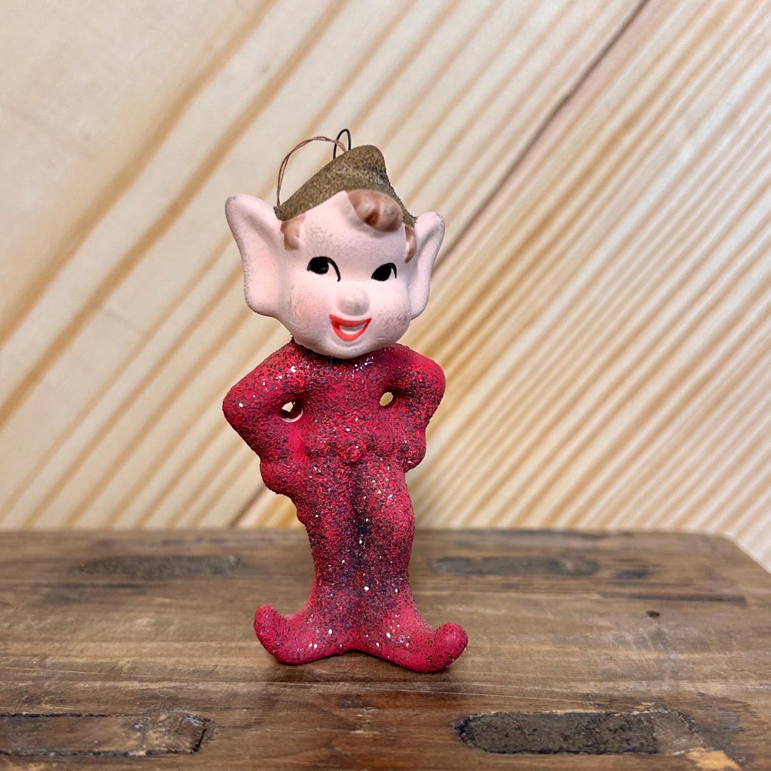 Reg Glitter Standing Pixie Ornament Gold Pointy Hat Rosy Red Cheeks Elf ...