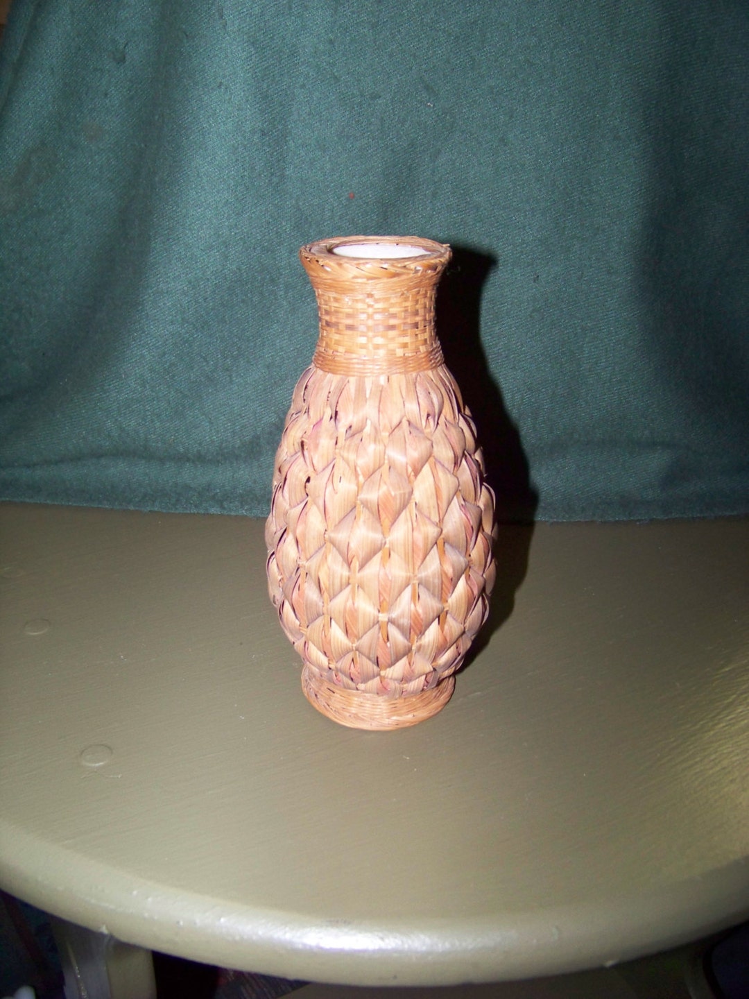 Woven Raffia Covered Vase Decorative Basket Weave White Bud Vase Mid ...