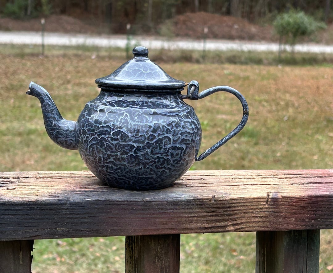 Grey Mottled Enamel Teapot Small Enamelware Kettle Primitive ...