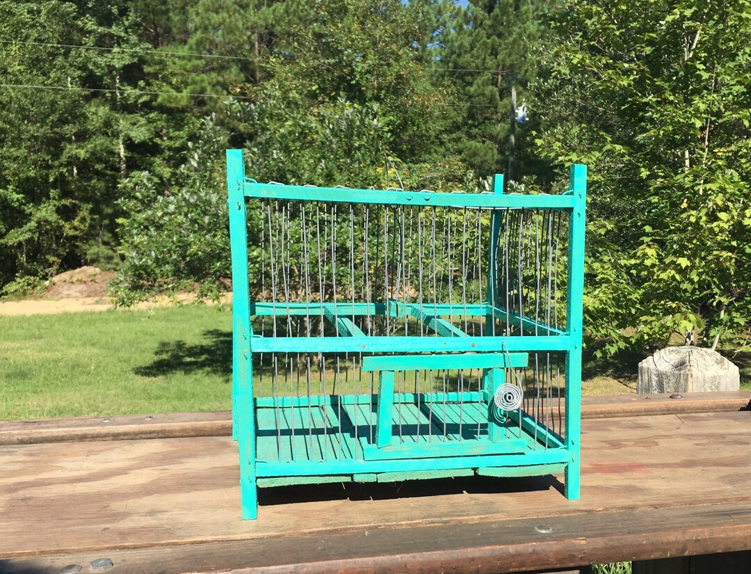Bird Cage Square Wood and Wire Cage Distressed Wooden Aqua Bird Cage ...