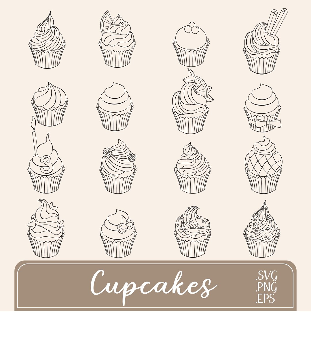 Outlined Cupcakes Clipart: Birthday Printable SVG, PNG, EPS (digital ...