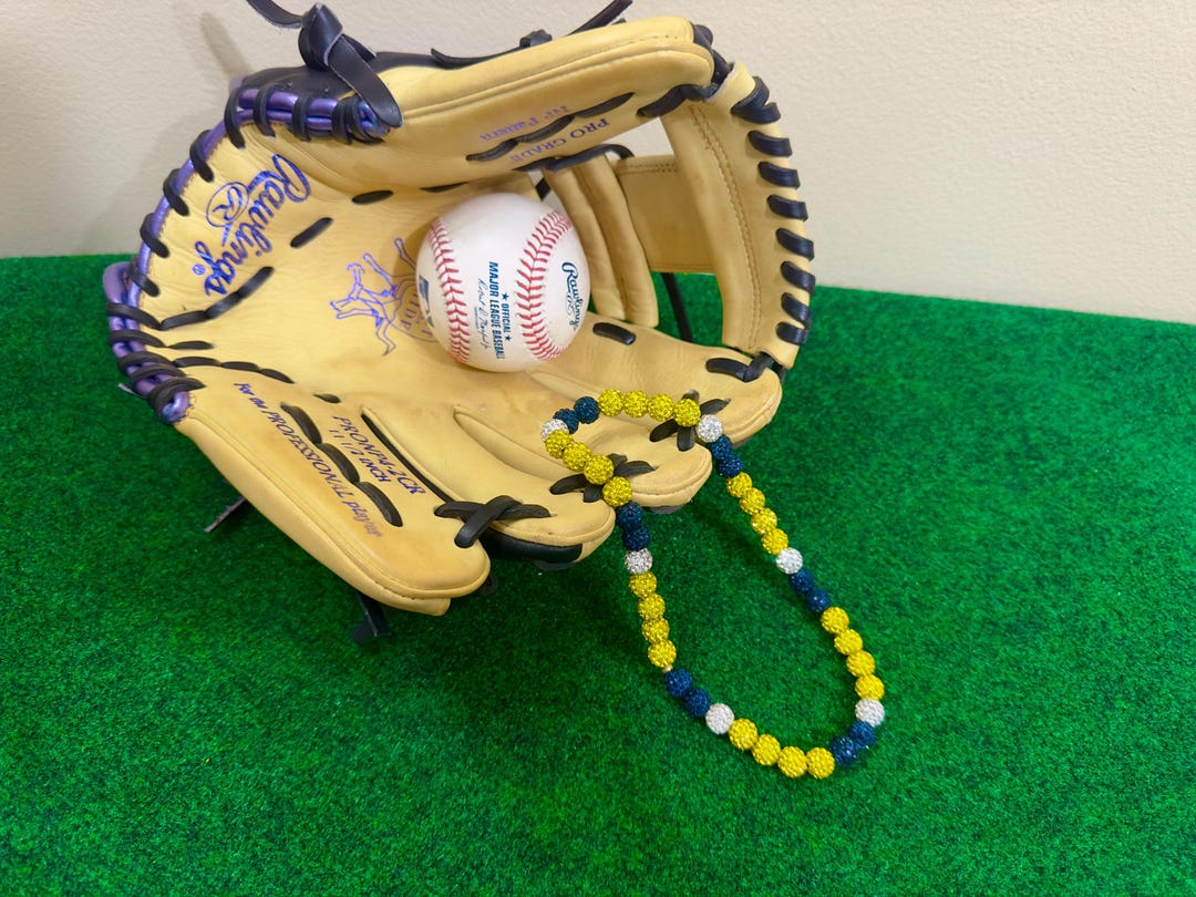 Blue and Yellow Bananas Baseball Sports Drip Rhinestone Beaded Necklace ...