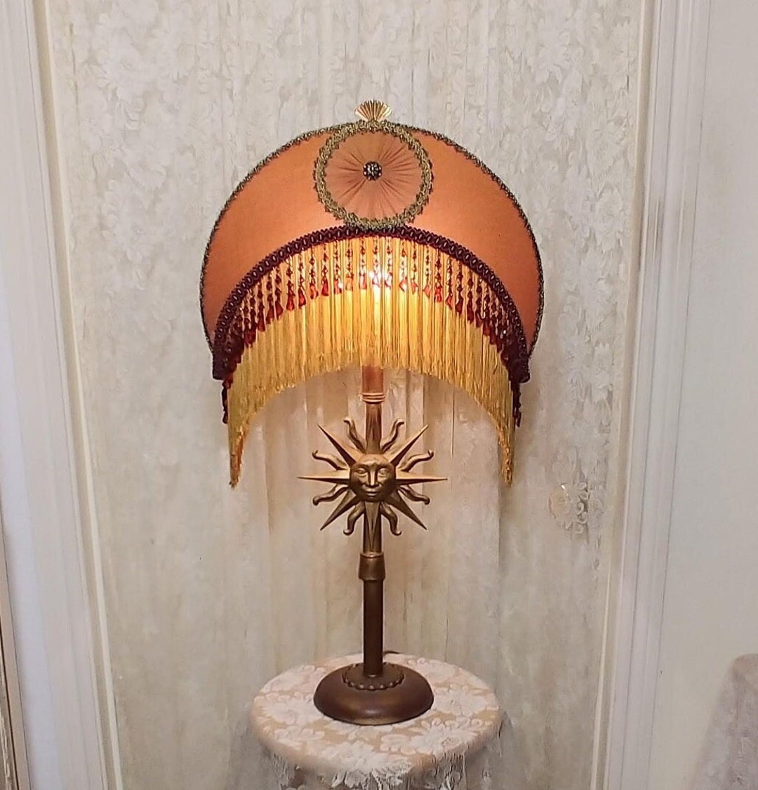 Vintage Sun Burst Lamp With Crescent Shape Silk Shade Golden Colors - Etsy