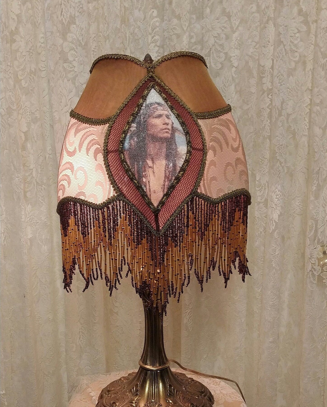 Warrior & Indian Maiden Vintage Cabin/rustic Lamp With Shade Glass Bead ...