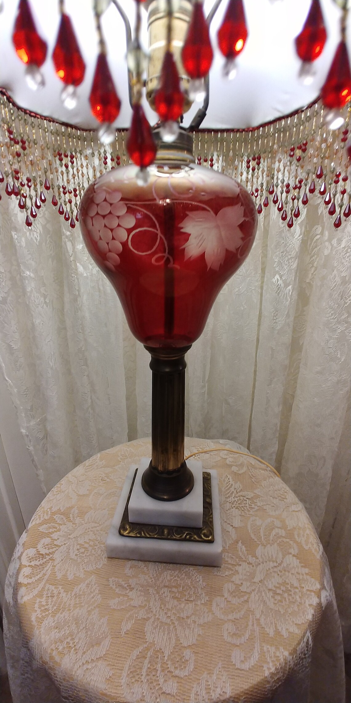 Vintage Cranberry Glass Table Lamp With Beaded Lampshade | Etsy
