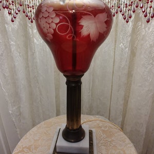 Vintage Cranberry Glass Table Lamp With Beaded Lampshade - Etsy