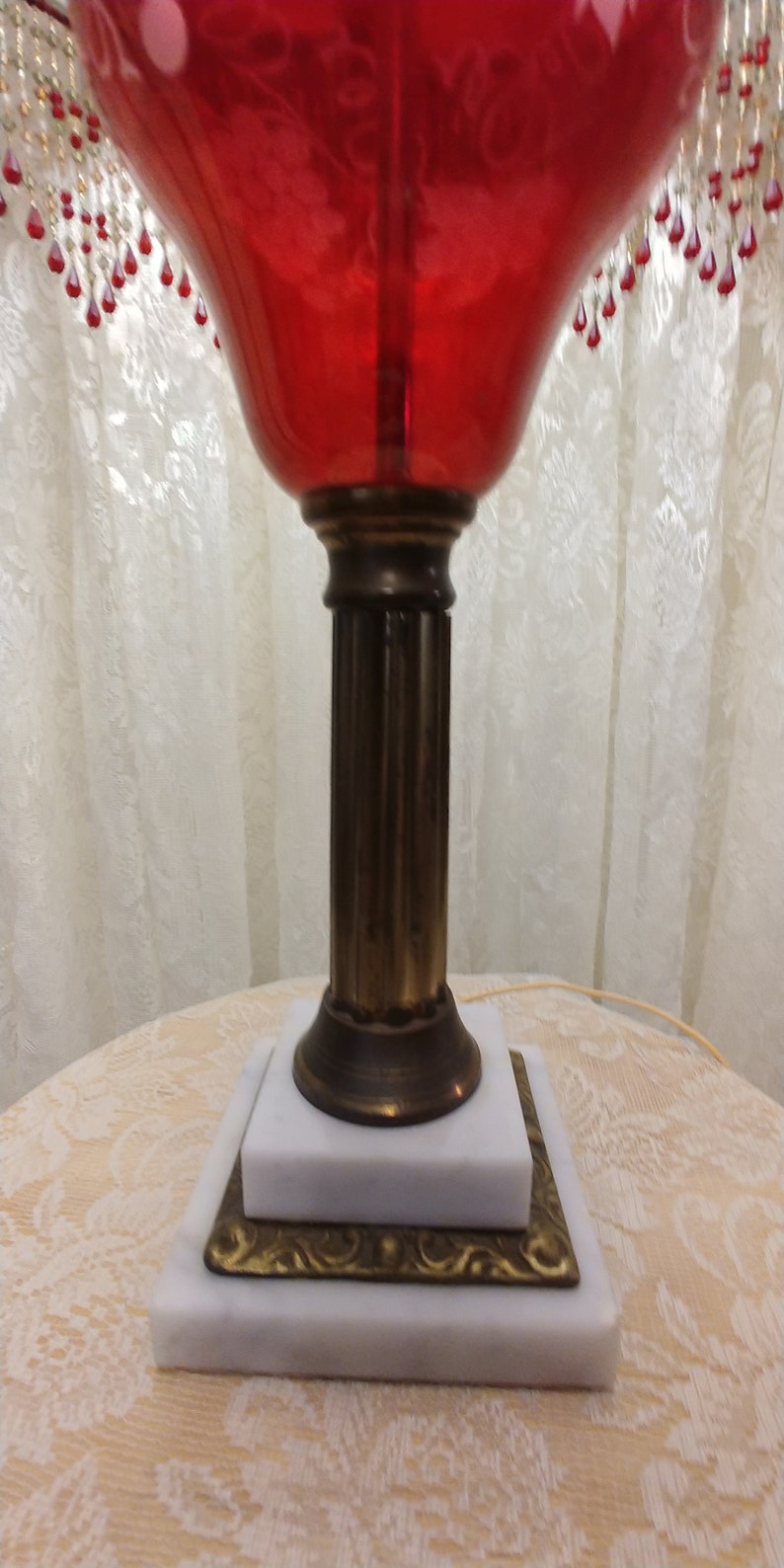 Vintage Cranberry Glass Table Lamp With Beaded Lampshade | Etsy