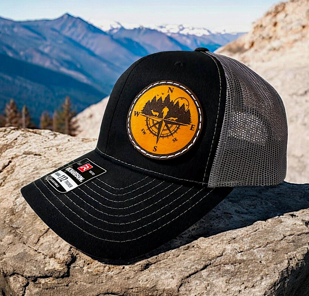 Leather Patch Compass Hat, Trucker Hat, Custom Leather Patch Hat, Sewn ...