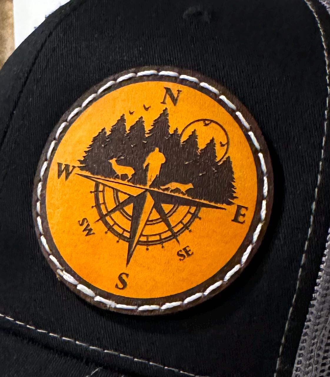 Leather Patch Compass Hat, Trucker Hat, Custom Leather Patch Hat, Sewn ...