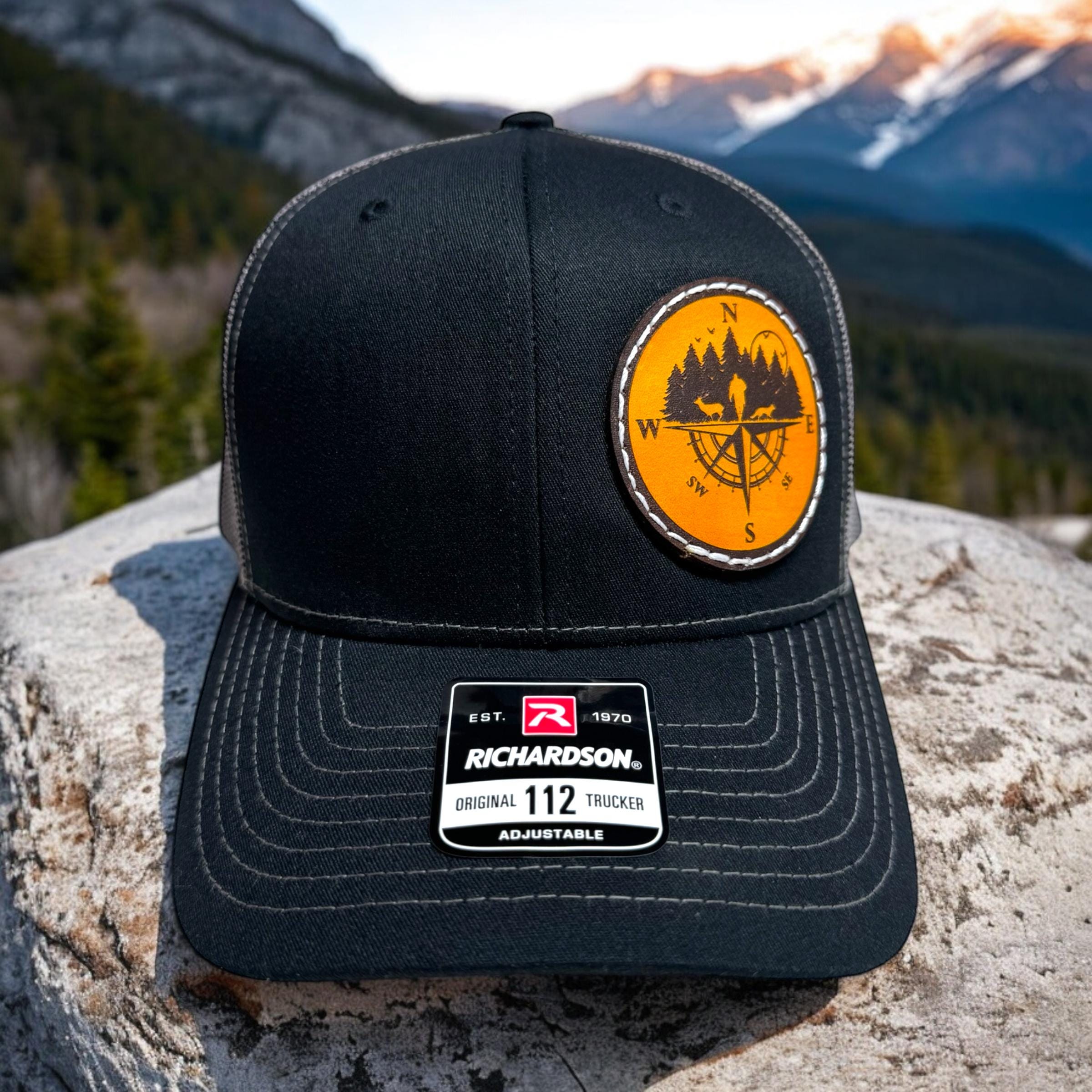 Leather Patch Compass Hat, Trucker Hat, Custom Leather Patch Hat, Sewn ...