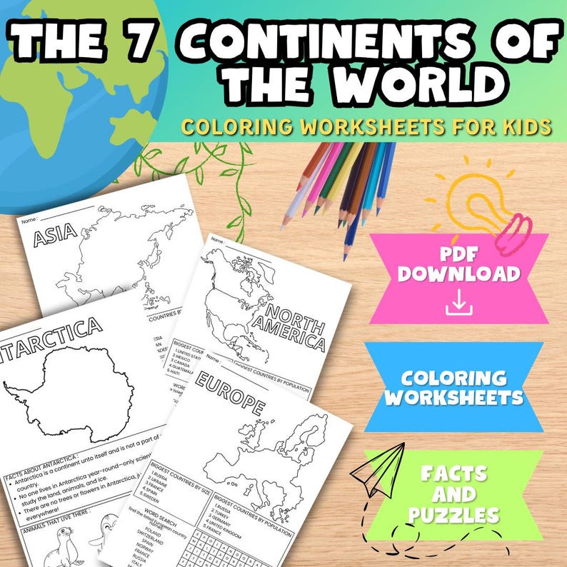 The 7 Continents of the World Coloring Worksheets for Kids Educational ...