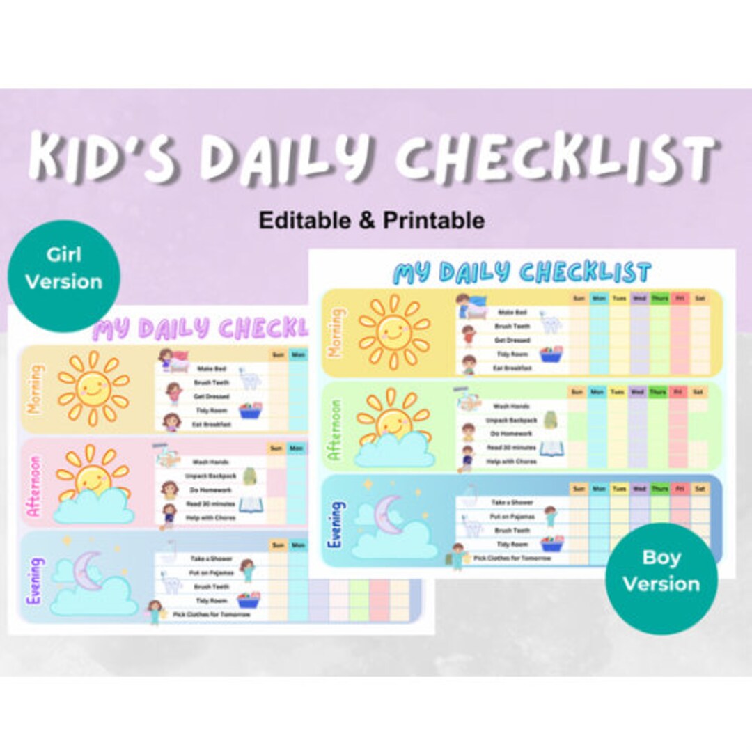 Editable Daily Chore Chart Daily Checklist for Kids, Kids Daily Routine ...