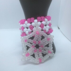 Two Kandi Cuffs Mini Bracelet Pink Glow N Dark W/ Glow Beaded Charms ...