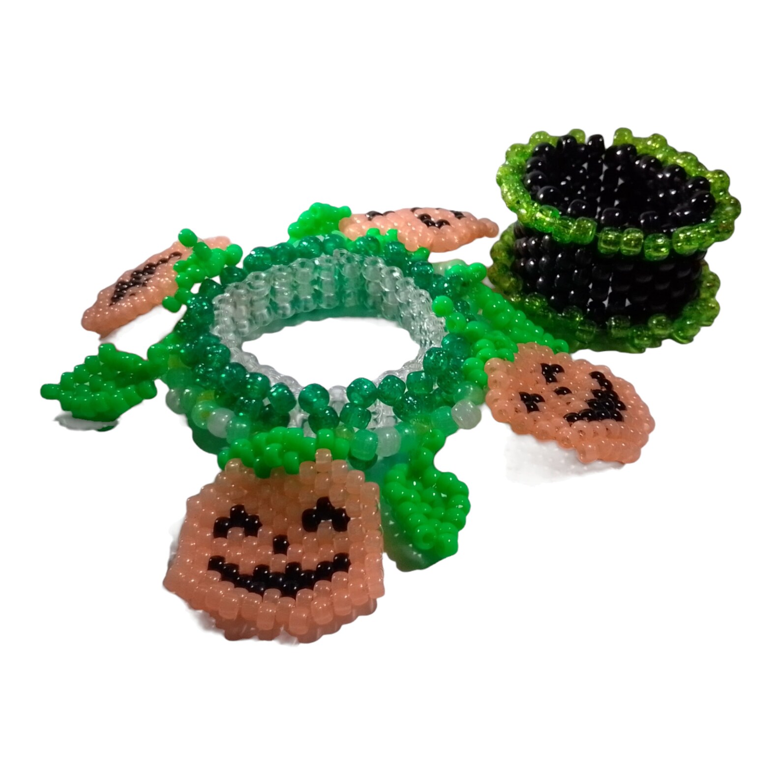 3d Kandi Rotating Cuff-4 Bead Glow Pumpkins-neon Green Leafs-halloween ...