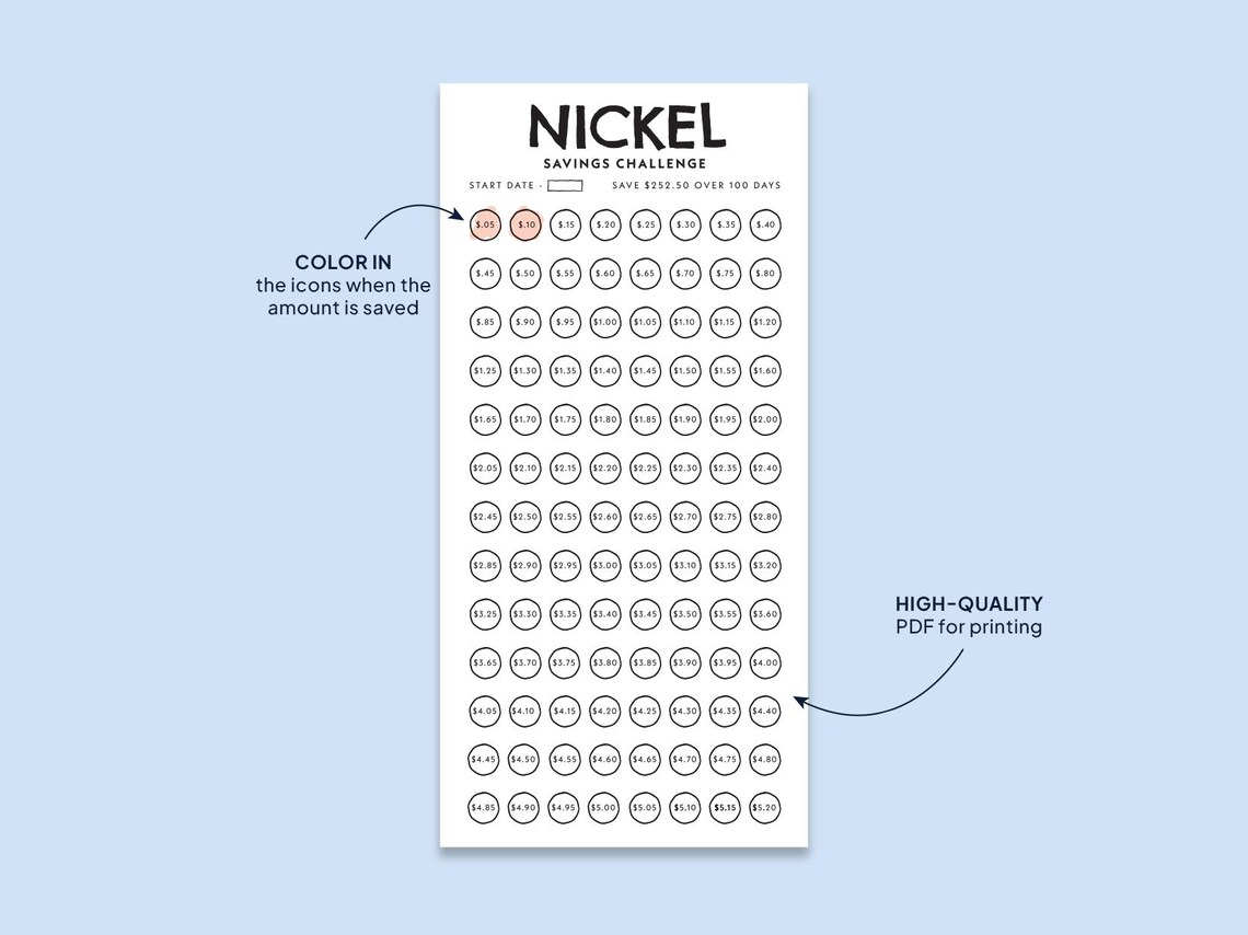 Nickel Savings Challenge Printable, Mini Savings Challenge, Coin ...