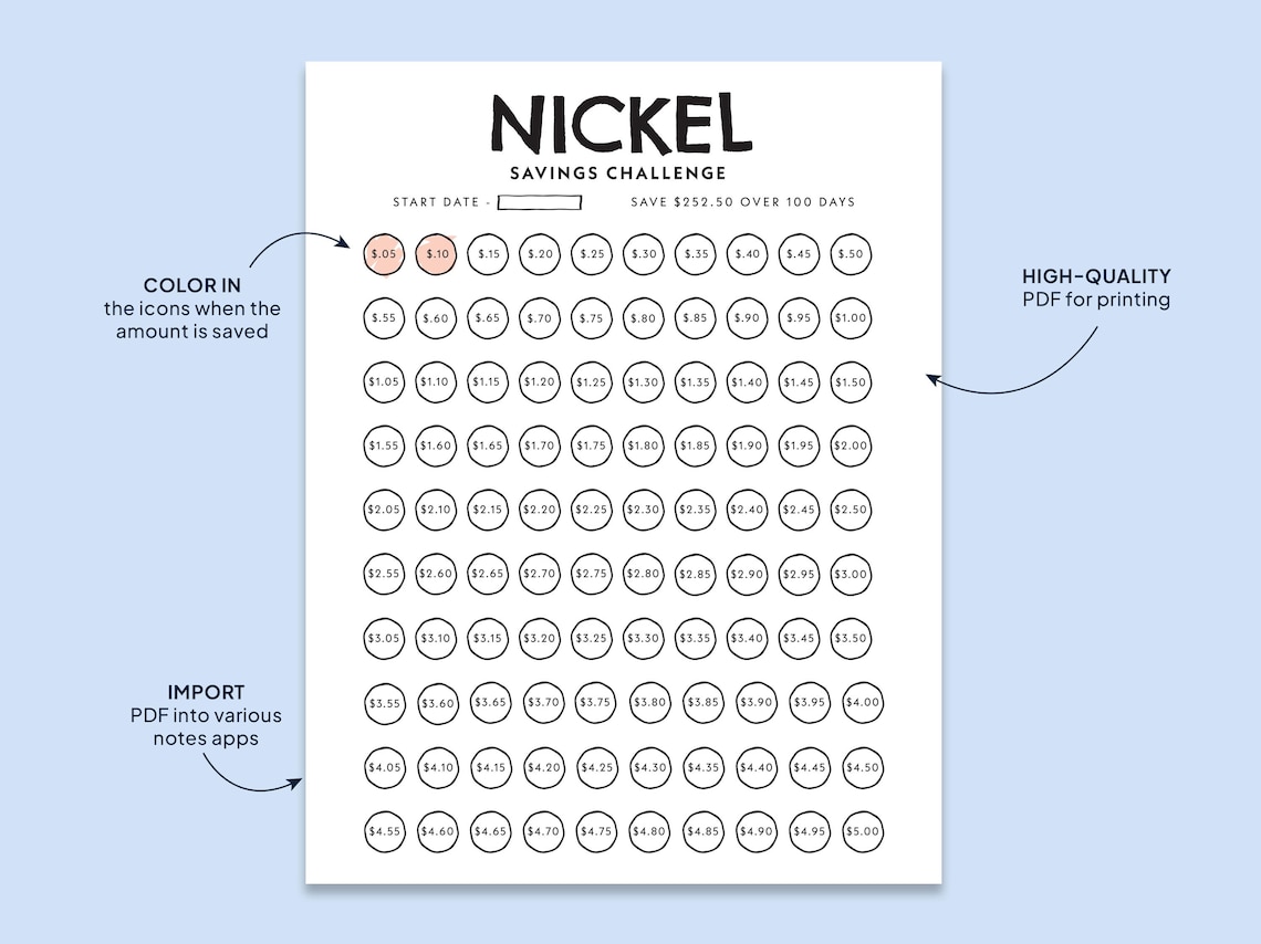 Nickel Savings Challenge Printable, Mini Savings Challenge, Coin ...