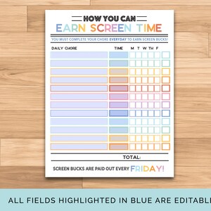 Screen Time Checklist for Kids & Teens - Kids Chore Chart - How to Earn ...