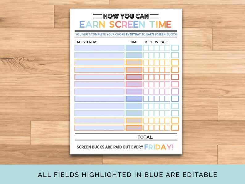 Screen Time Checklist for Kids & Teens Kids Chore Chart How to Earn ...