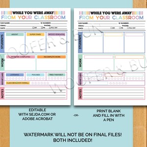 Substitute Teacher Note Template | Editable | 8.5x11 Sub Teacher ...
