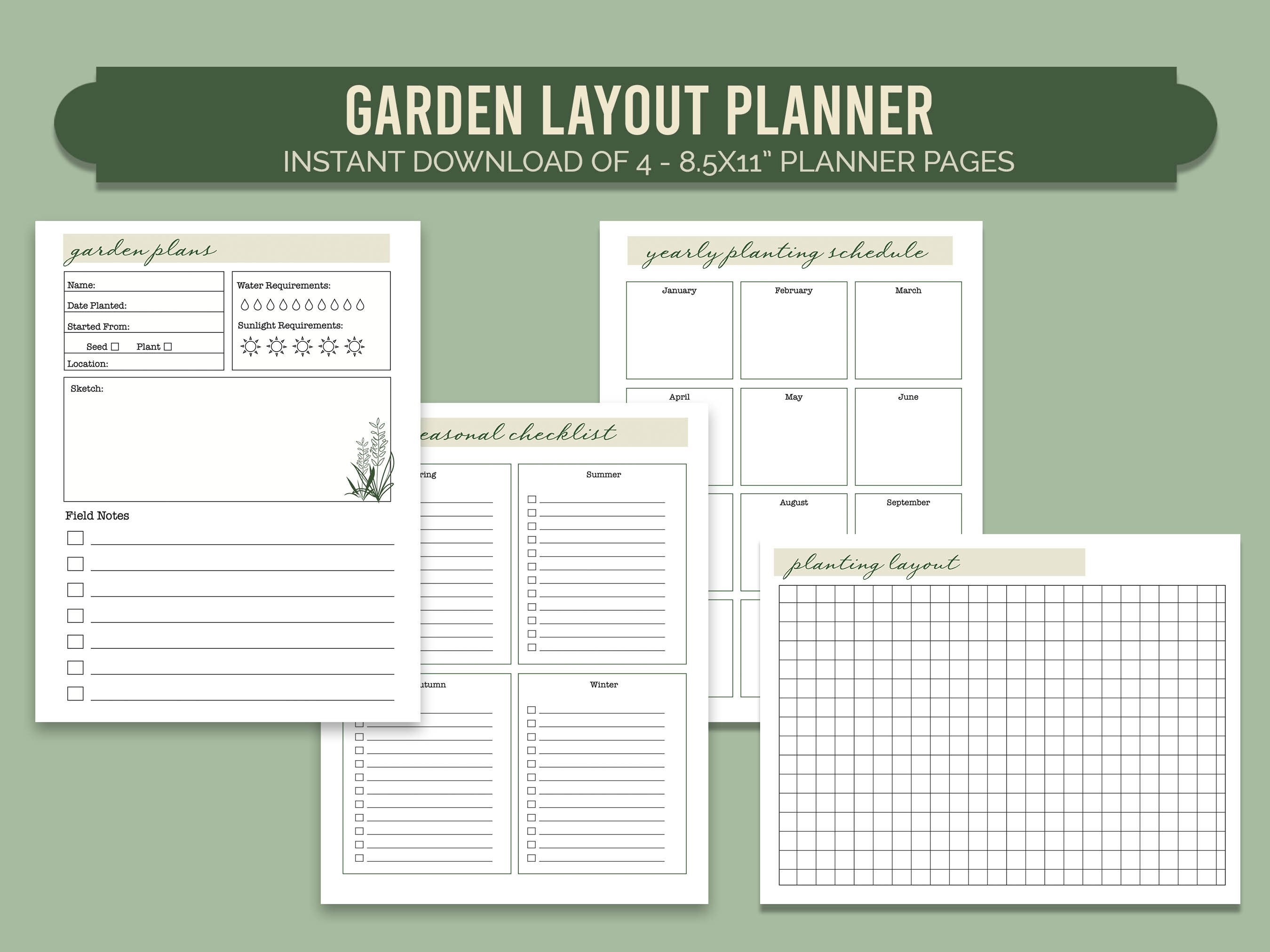 Garden Planner and Layout Pages - Printable 8.5x11 4pg Bundle for ...