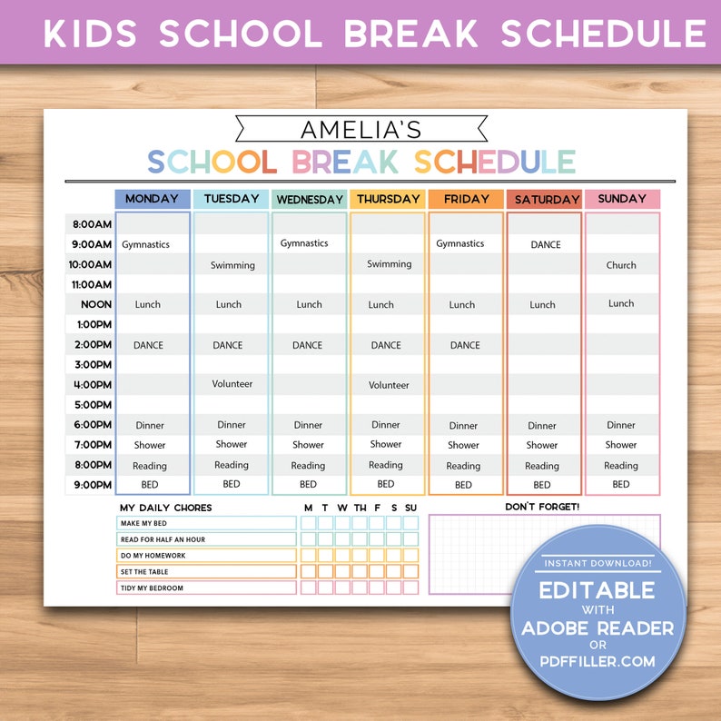 School Break Schedule | Weekly Schedule Layout | Kids, Tweens & Teens ...