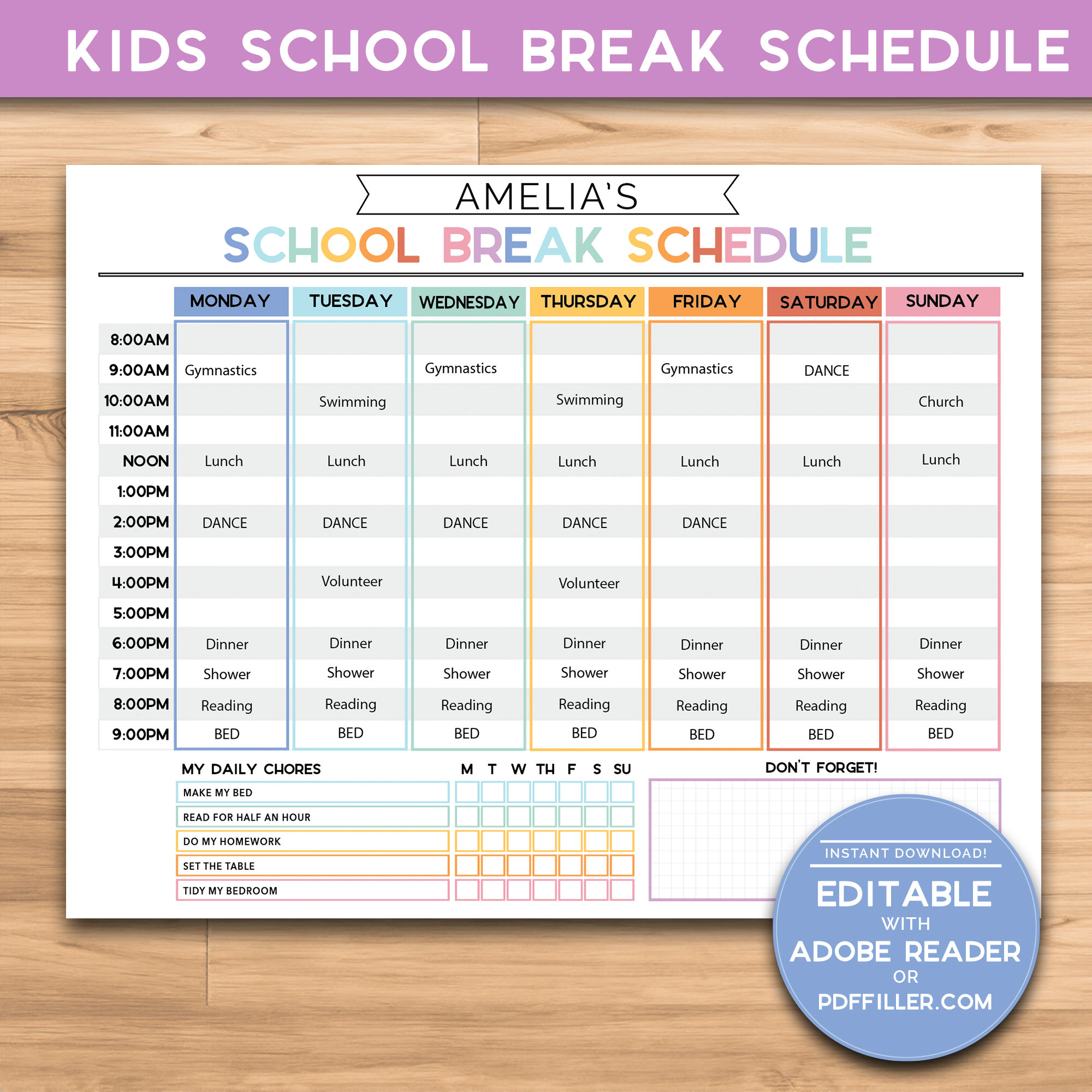 School Break Schedule | Weekly Schedule Layout | Kids, Tweens & Teens ...