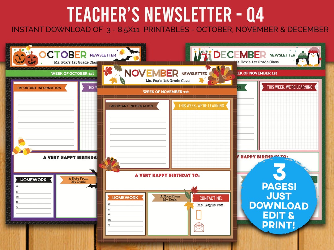 Teacher Monthly Classroom Newsletter - Weekly October, November ...