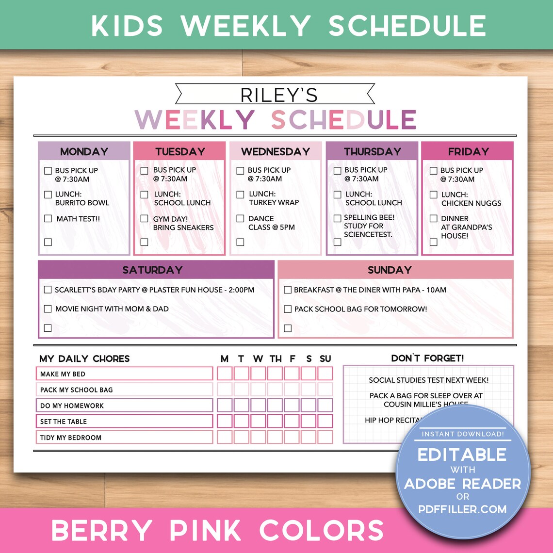 Kid's, Tweens and Teens PINK Weekly Schedule 8.5x11 Printable | Week at ...