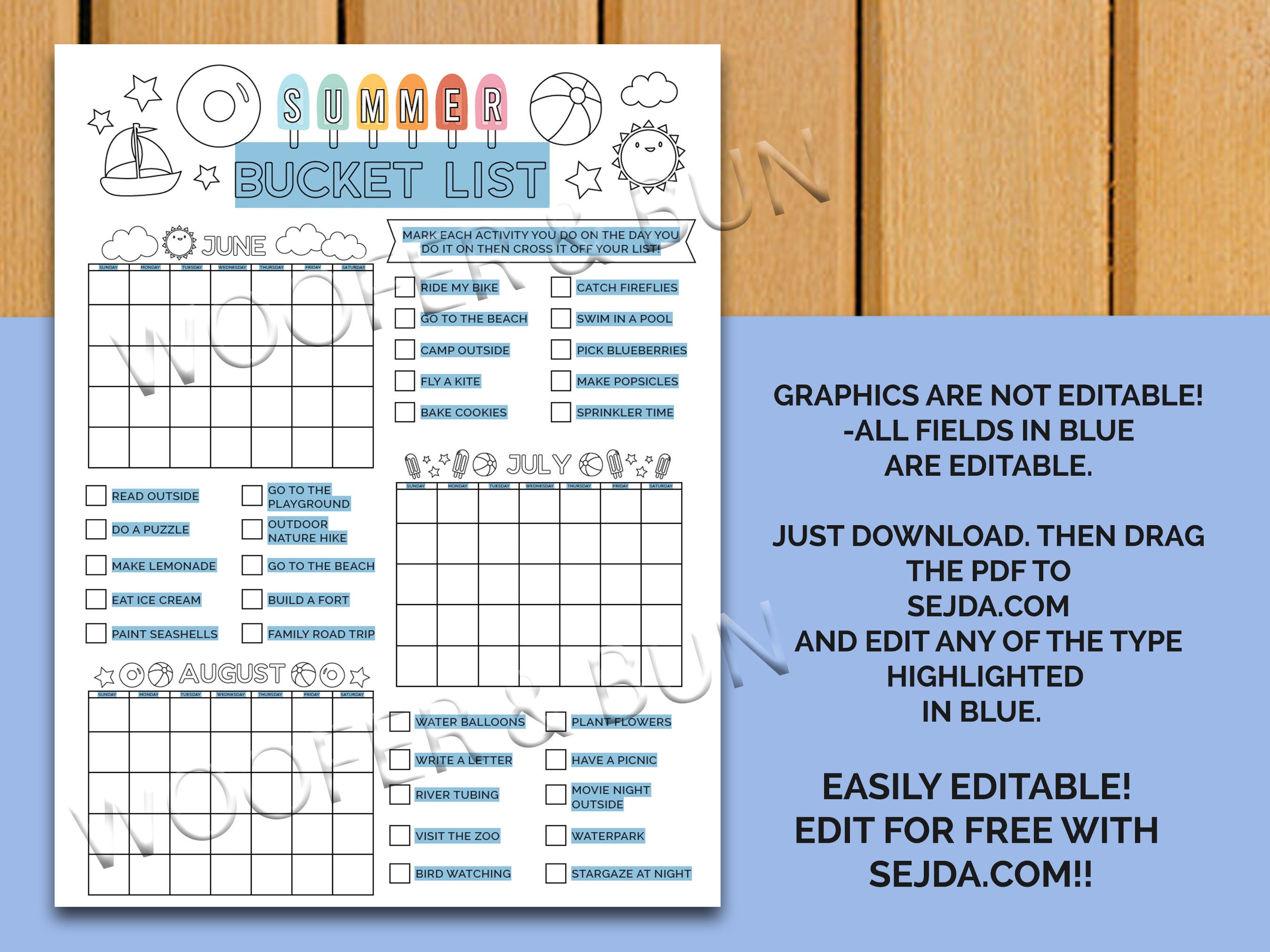 Kids Summer Bucket List Poster - COLOR in Yourself! Fun Summertime ...