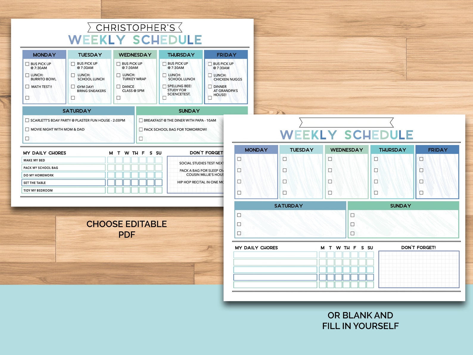 Kid's, Tweens and Teens BLUE Weekly Schedule 8.5x11 Printable | Week at ...