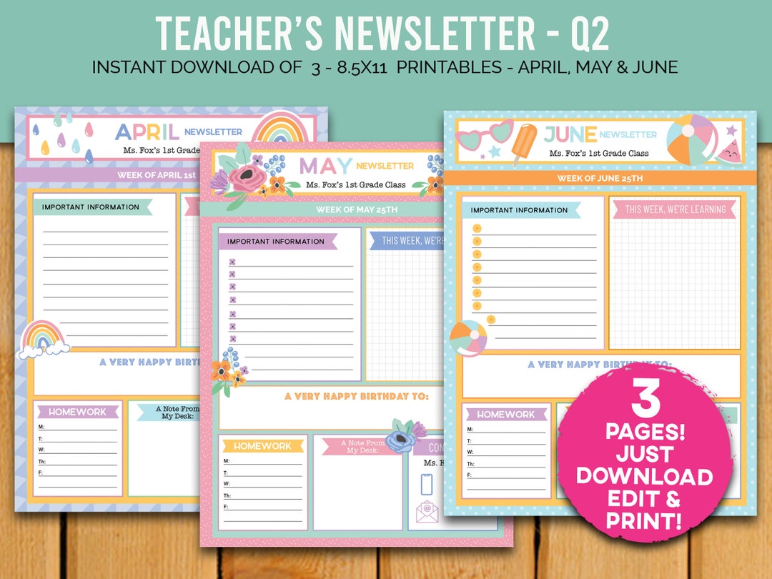 Teacher Monthly Classroom Newsletter - Weekly - April, May, June ...