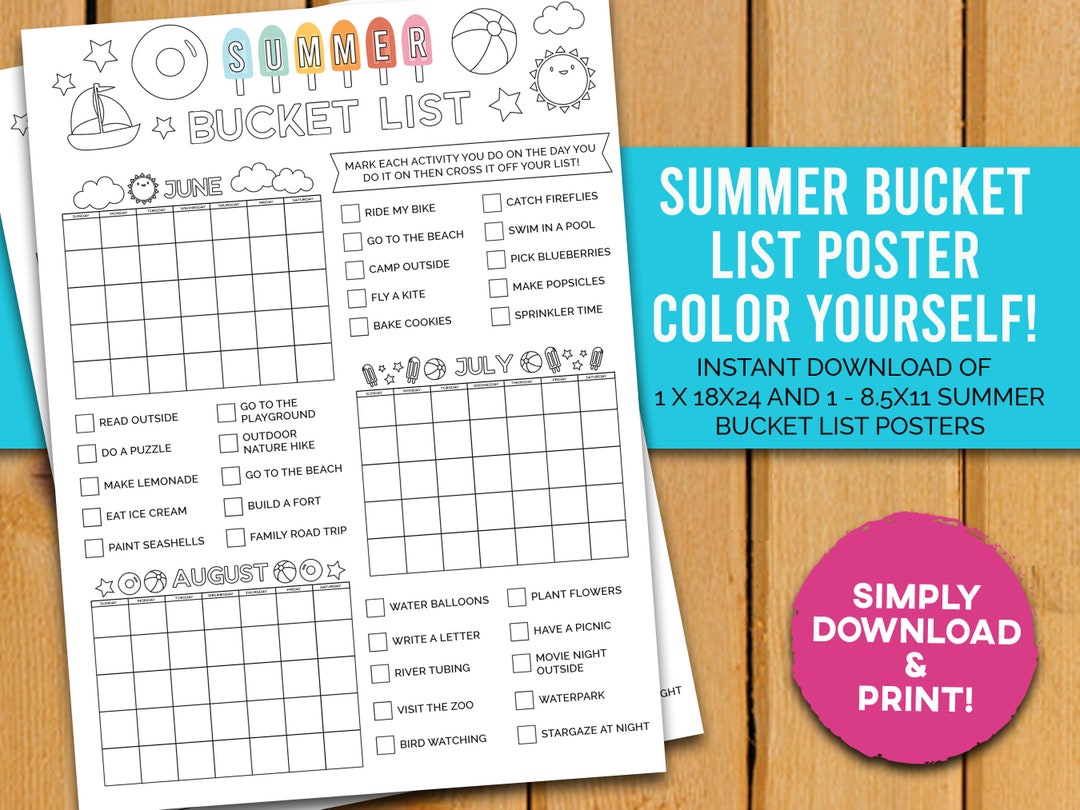 Kids Summer Bucket List Poster - COLOR in Yourself! Fun Summertime ...