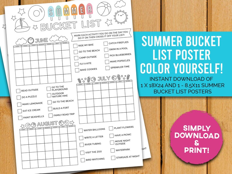 Kids Summer Bucket List Poster - COLOR in Yourself! Fun Summertime ...