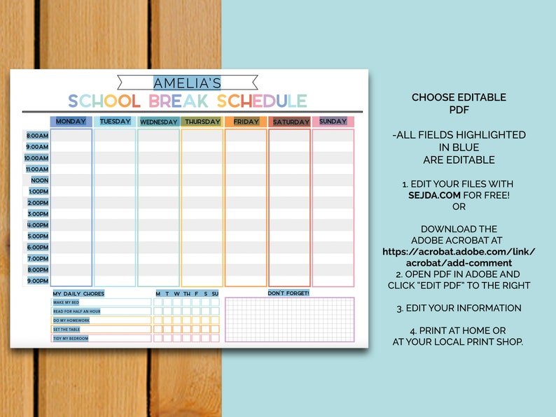 School Break Schedule Weekly Schedule Layout Kids Tweens & - Etsy