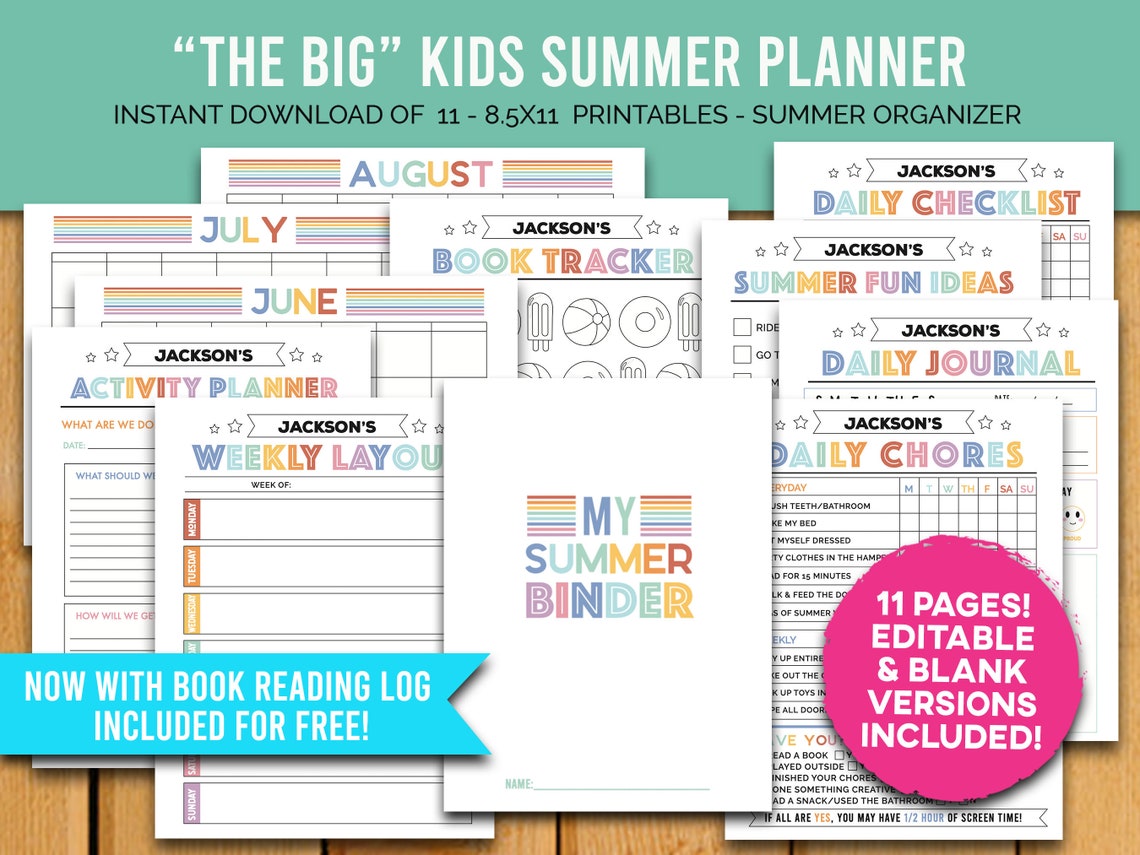 Kid's Summer Planner Schedule BUNDLE! - 11 - 8.5x11 Pages - PRINTABLE ...