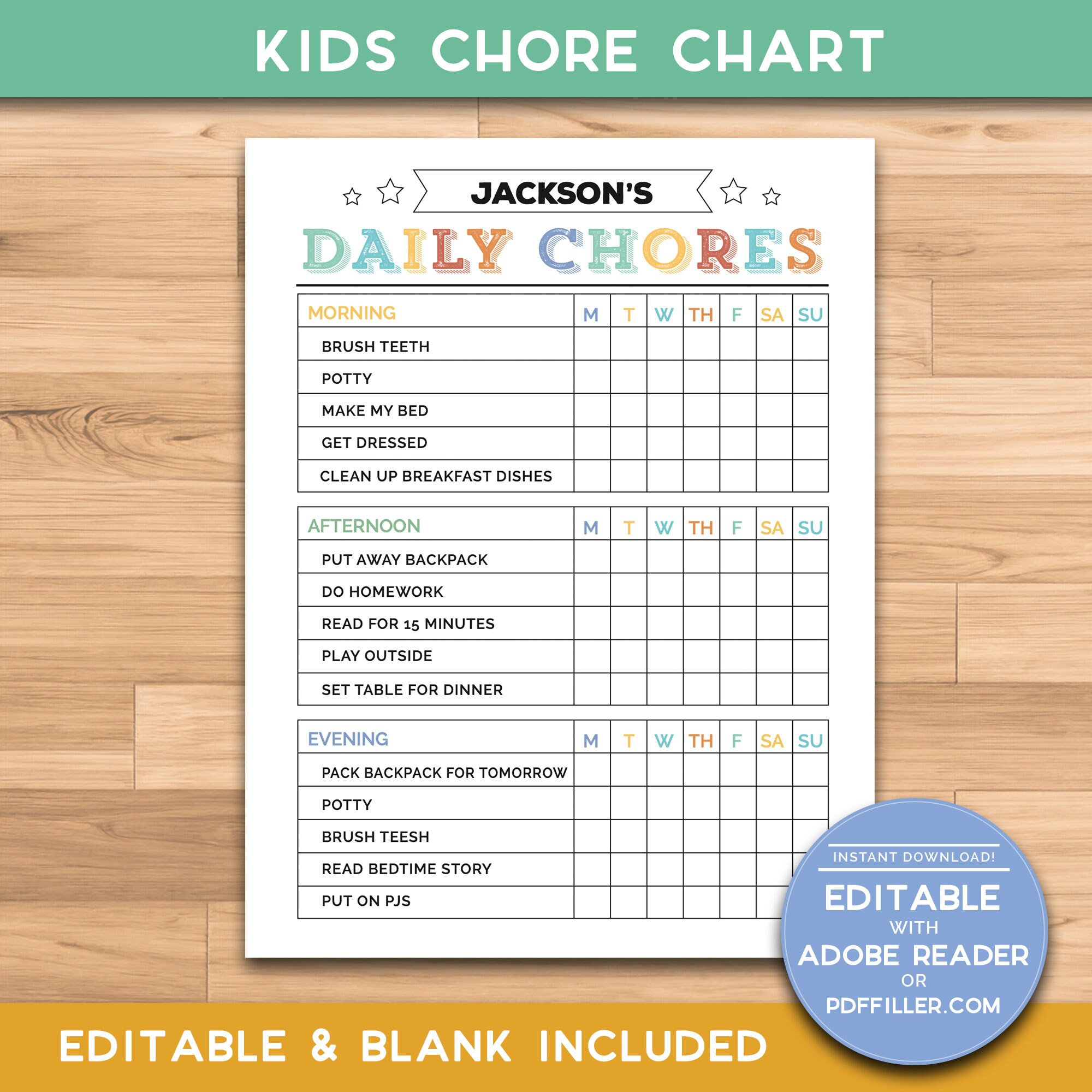 Kids Chore Chart | Responsibility Chart | Kids Daily Checklist| Kids ...