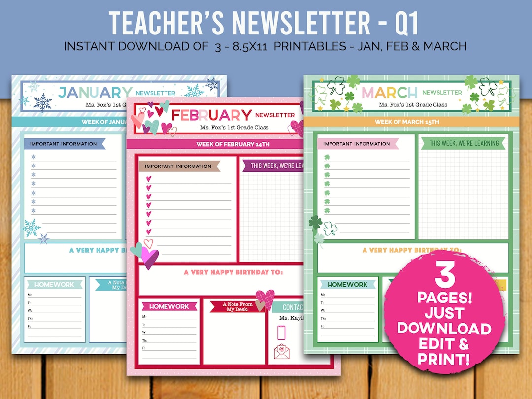 Teacher Monthly Classroom Newsletter - Weekly - January, February ...