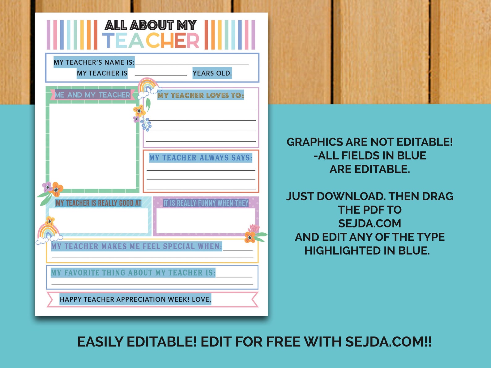 Teacher Appreciation Week Printable, All About My Teacher Template ...