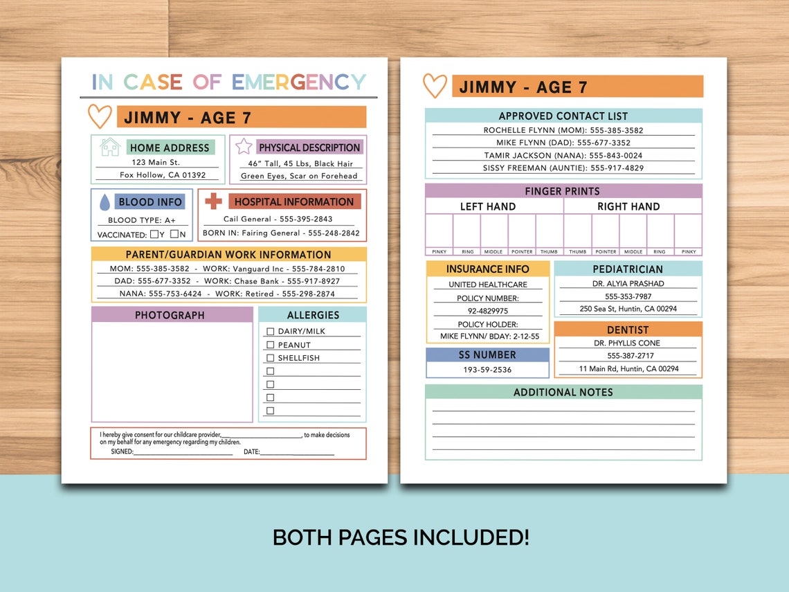 Kids Emergency Information Sheet | Emergency Printable | ICE Printable ...