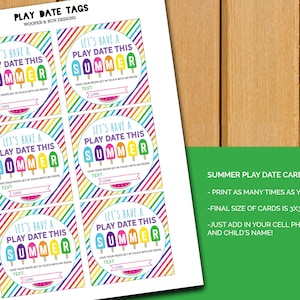 Kids Summer Play Date Cards, Kids Calling Cards, End of School Year ...