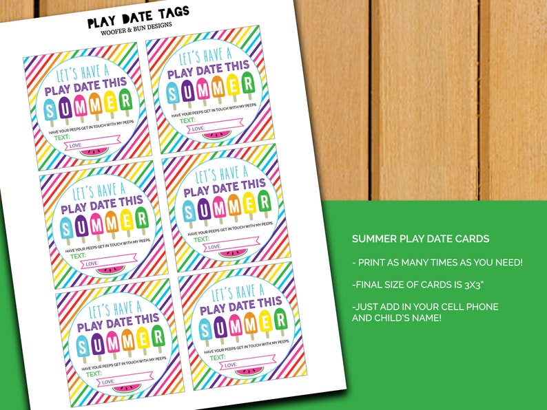 Kids Summer Play Date Cards, Kids Calling Cards, End of School Year ...