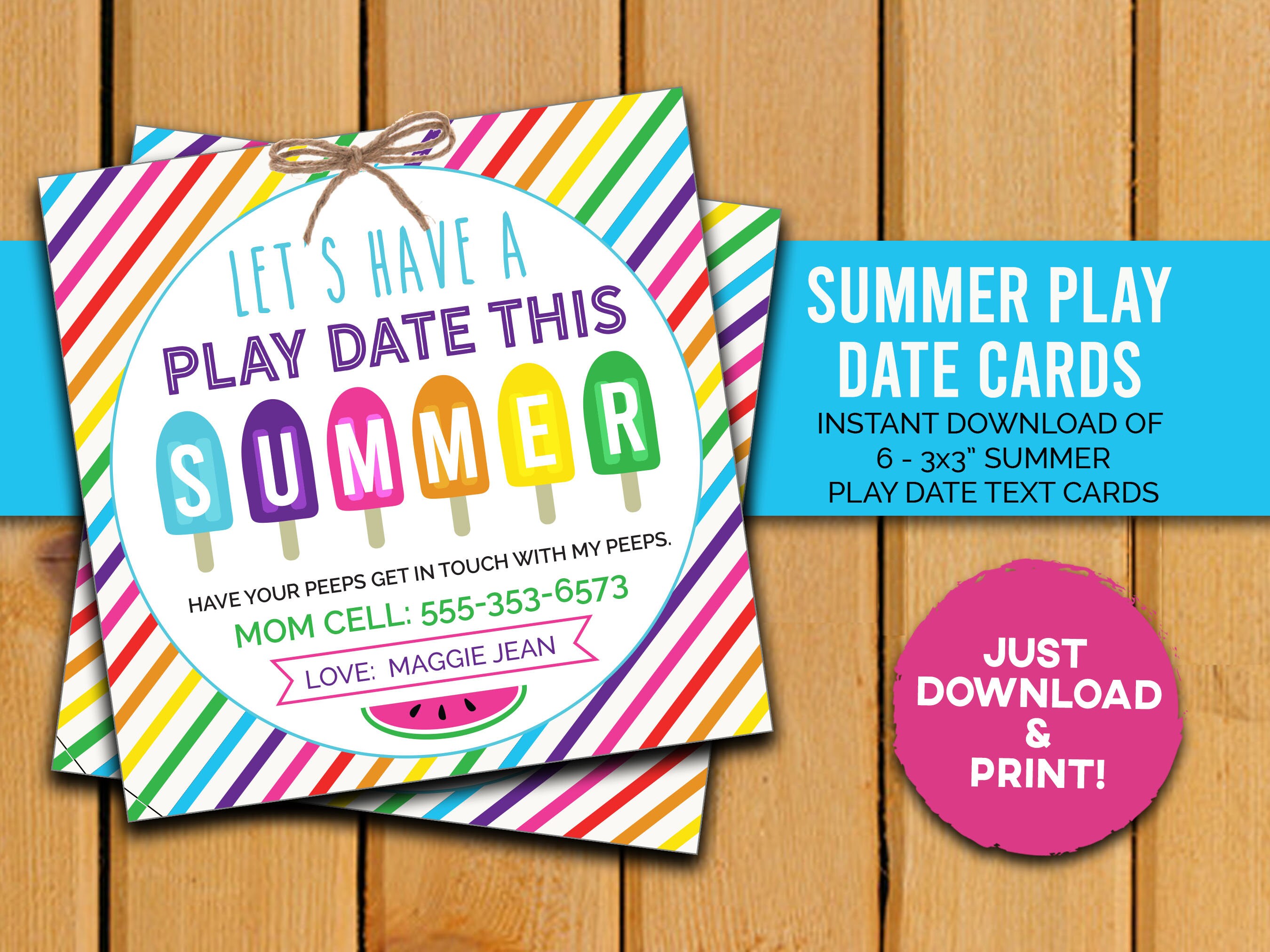 Kids Summer Play Date Cards, Kids Calling Cards, End of School Year ...