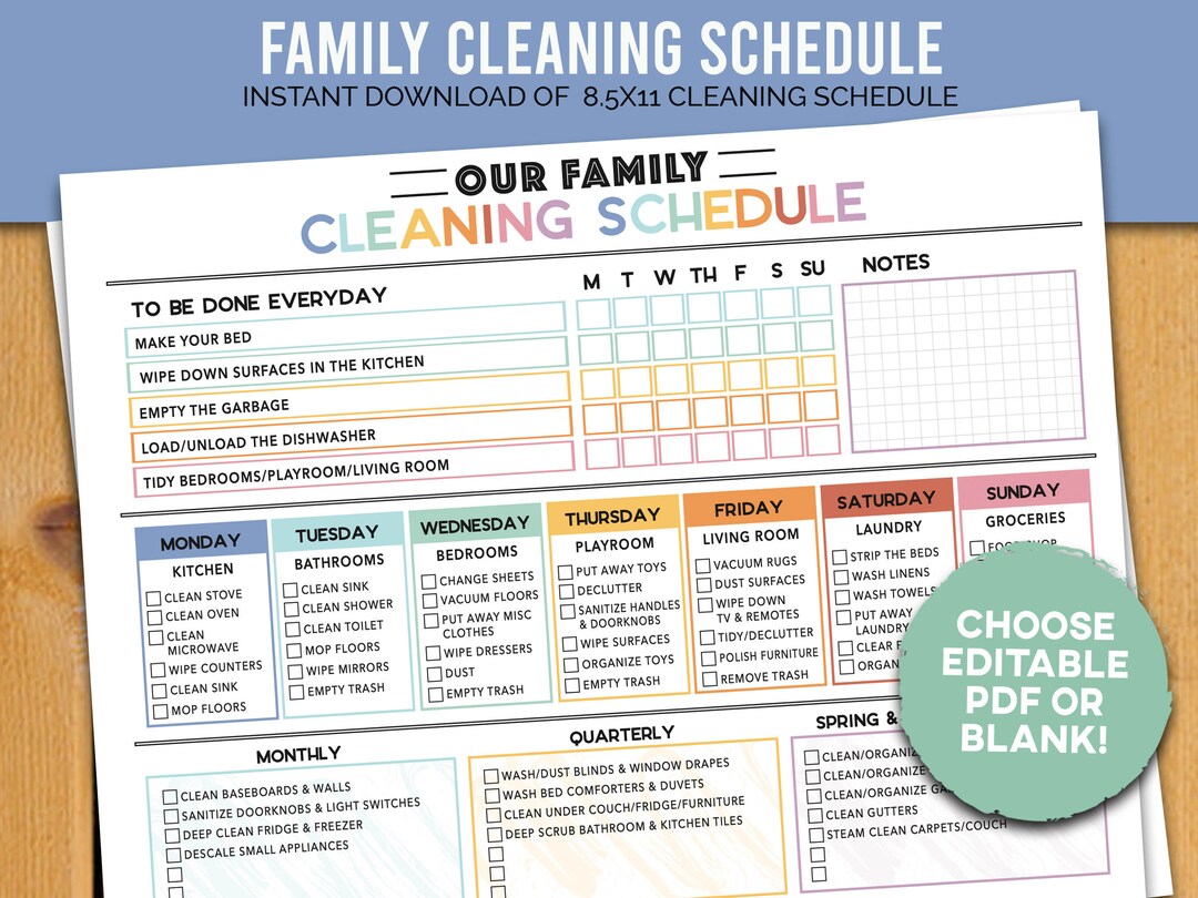 Family Cleaning Schedule Chore Schedule Deep Clean - Etsy