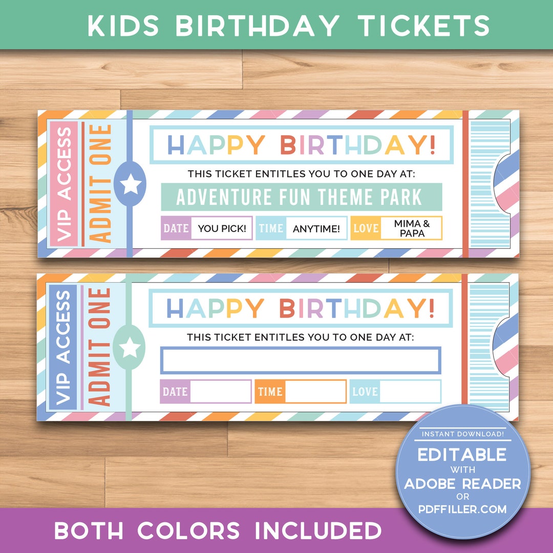 KIDS Birthday Ticket Template - Experience, Theme Park, Show, Concert ...