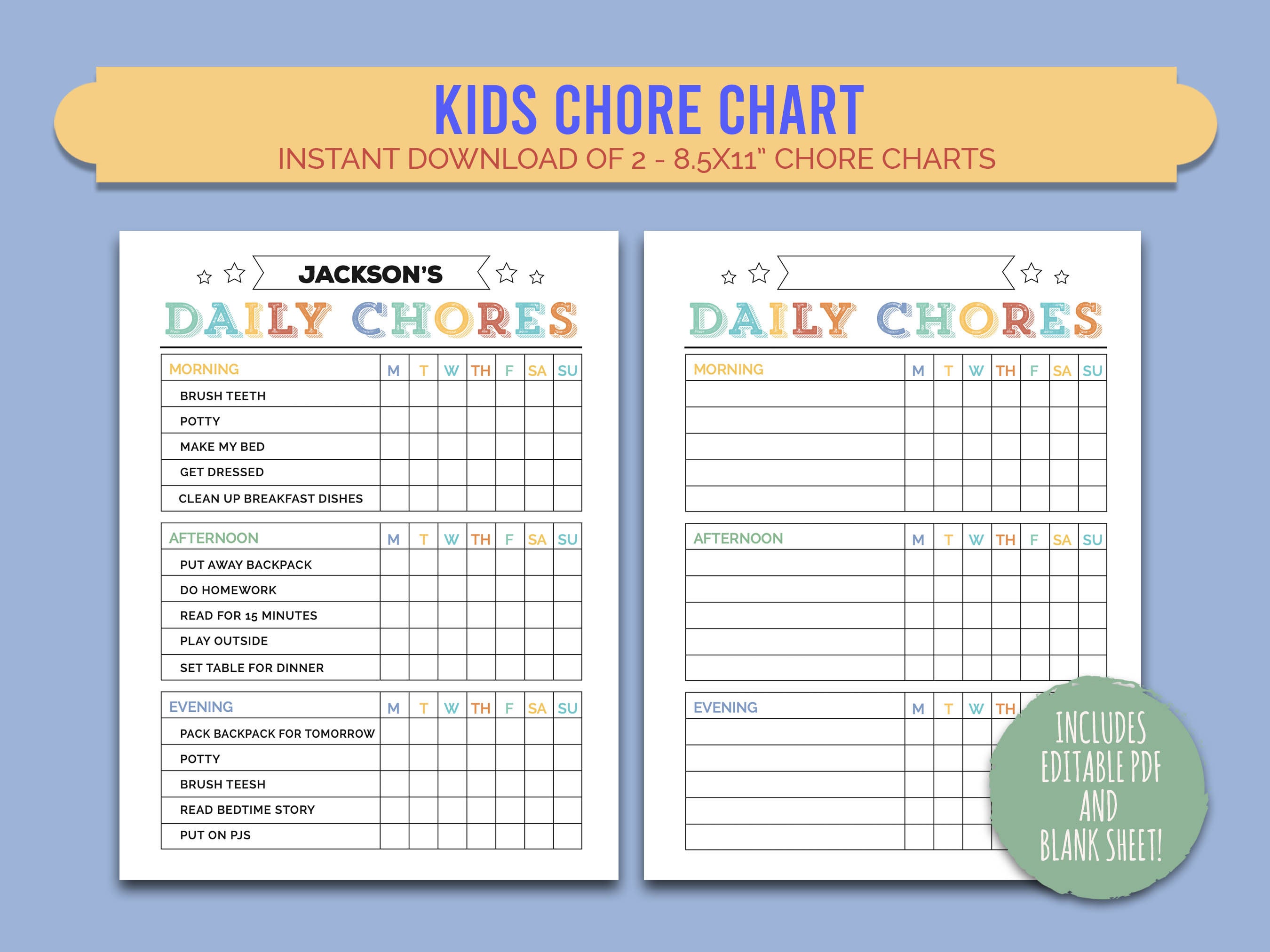 Kids Chore Chart Editable 8.5x11 PDF AND Blank Chart - Etsy