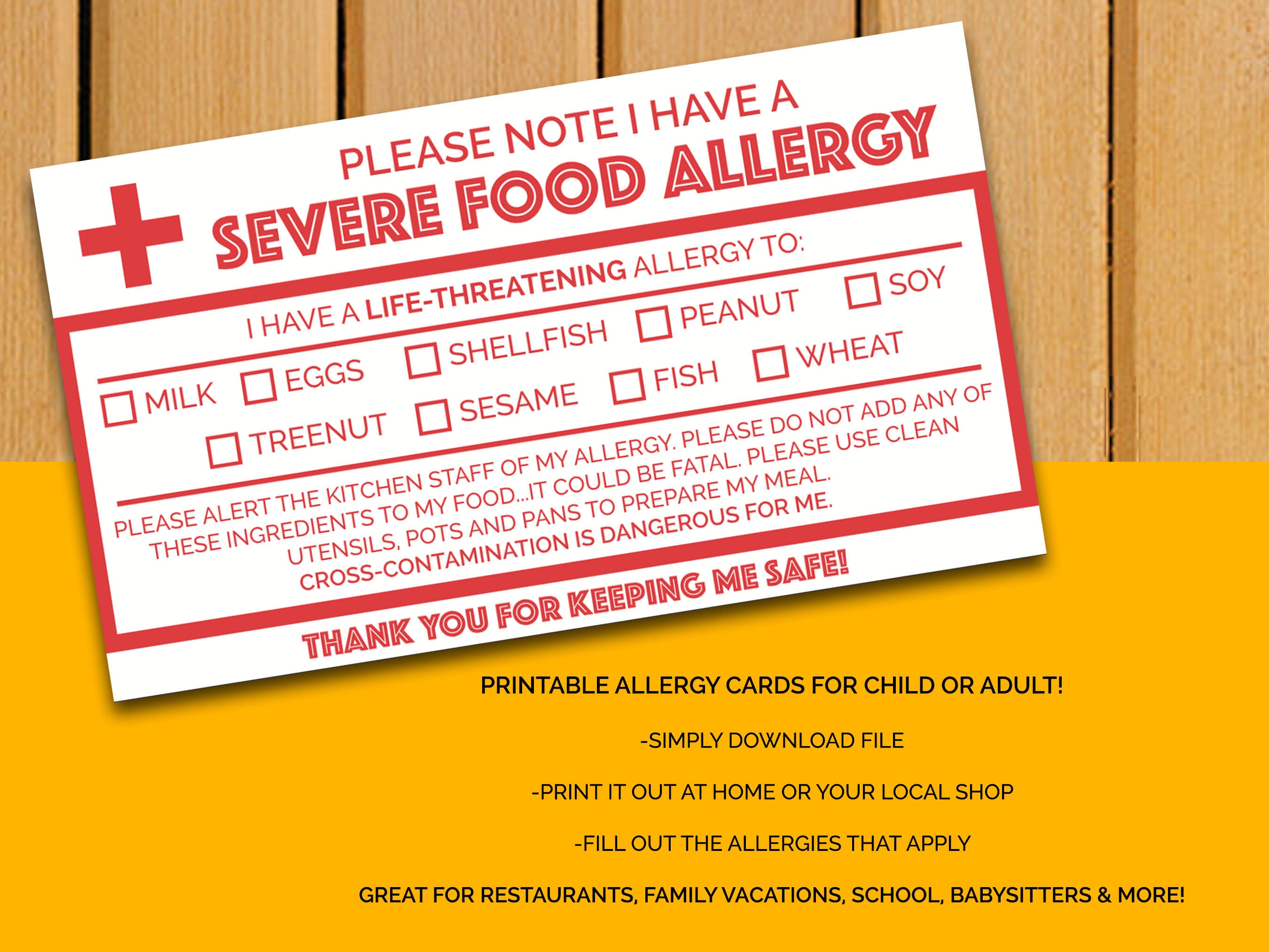 Food Allergy Card - TOP 9 - PRINTABLE - Food Allergens for Child and ...