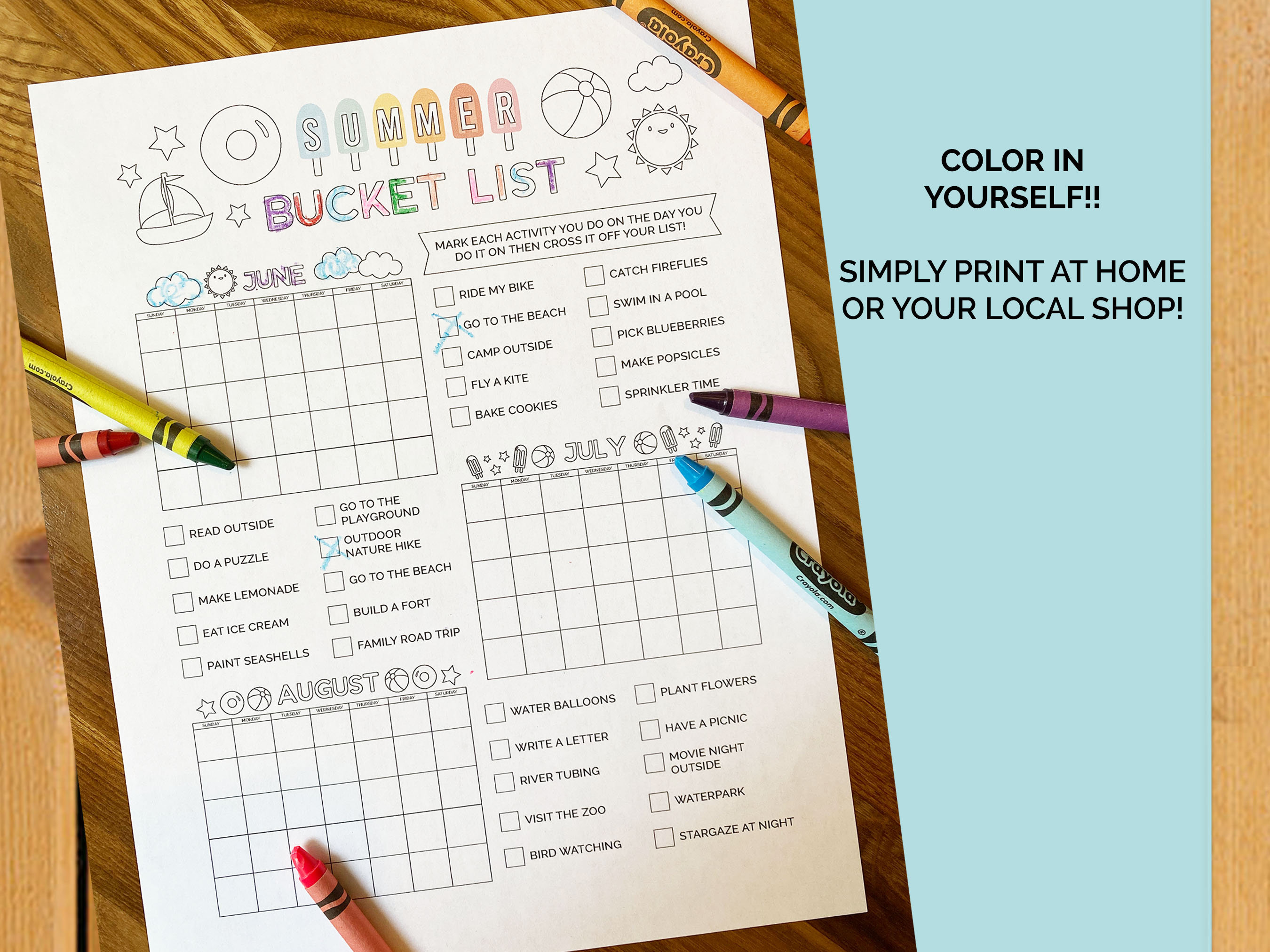 Kids Summer Bucket List Poster COLOR in Yourself Fun Summertime ...