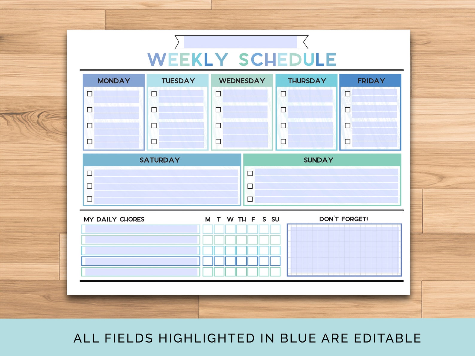 Kid's, Tweens and Teens BLUE Weekly Schedule 8.5x11 Printable | Week at ...