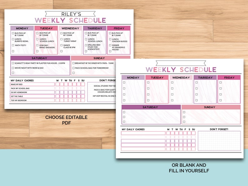 Kid's, Tweens and Teens PINK Weekly Schedule 8.5x11 Printable | Week at ...