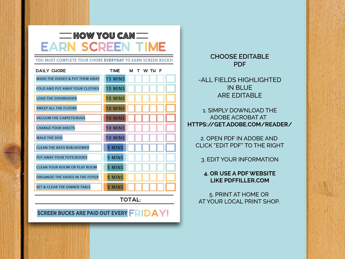 Screen Time Checklist Kids & Teens How to Earn Screen Time - Etsy